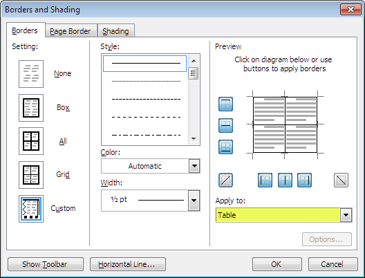 Using Borders in Word 2003 and earlier